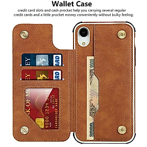 iCoverCase Wallet Case, with Card Slots Holder and Wrist Strap PU Leather Kickstand Double Magnetic Clasp Shockproof Cover Case for iPhone XR 6.1 Inch (Khaki)