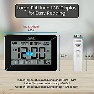 HODIK Atomic Clock with Indoor Outdoor Temperature Wireless, Large 11.4 Inch LCD Display for Easy Reading, Self-Setting Battery Powered Table Clock or Wall Clock with High Precision Sensor