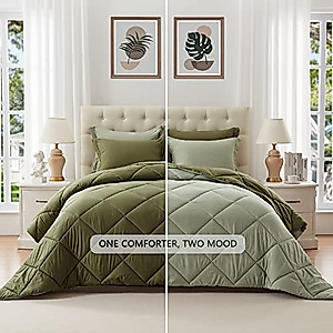 NexHome Queen Comforter Set - Olive Green Comforter Queen Size Bedding Set - Soft Reversible Down Alternative Full Size Comforter Bed Set 3 Pieces 1 Comforter (88"x88") + 2 Pillow Shams (20"x26")