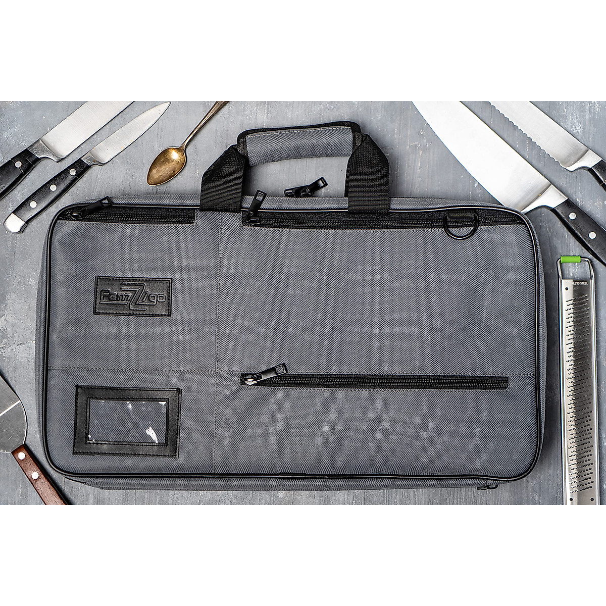 famzigo Silver Chef Knife Bag - 29 Flexible Universal Pockets, Detachable Adjustable Shoulder Strap - Professional Kitchen Accessories - Camping Storage, Carrying Case