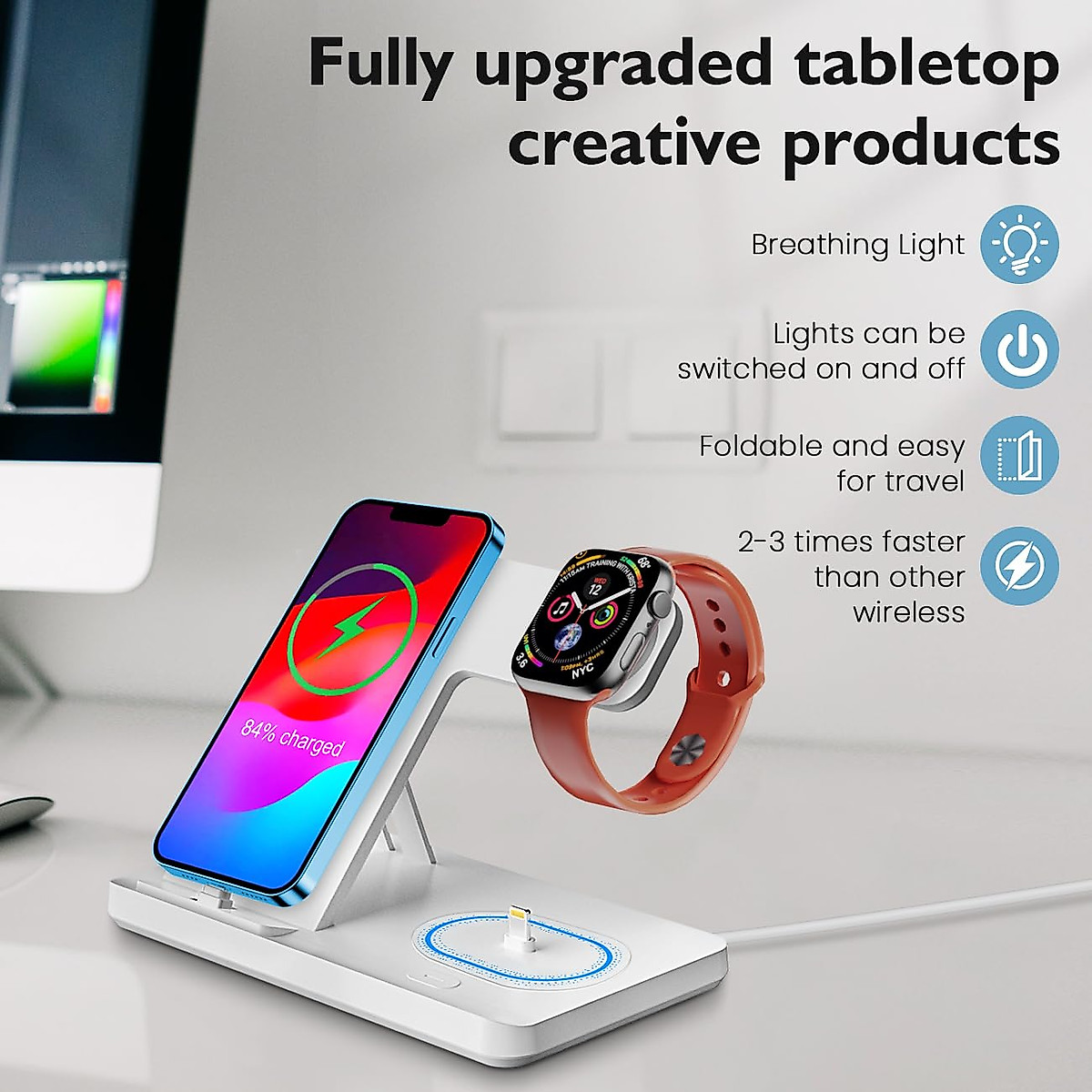 TPLISAK Charging Station, 3 in 1 Fast Charging Stand Dock for Apple: iPhone 14 13 12 11 Pro X Max XS XR 8 7 Plus 6, Apple Watch, AirPods, 18W Adapter, USB Type C, White, Charging Adapter