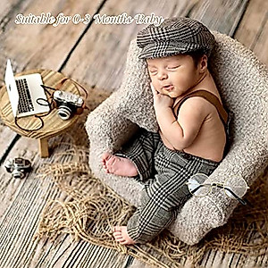 SPOKKI 4 Pcs Newborn Baby Photo Props, Lattice Rompers Suspender Pants with Beret Glasses Bow Tie for Infant Boys' Costumes, Newborn Boy Photography Outfit Set, Checked Fabric Gentleman Suit (Brown)
