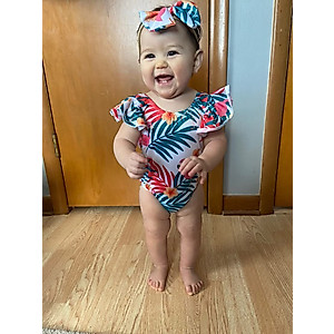 MINIFEIKO Toddler Baby Girl Tropical Swimsuit Newborn Girls One Piece Ruffle Bathing Suit with Headband Summer Bikini Swimwear for Infant Girls(Palm Leaf,12-18 Months)