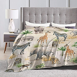 Zoo Animals Blanket African Safari Animals Elephant Tiger Giraffe Zebra Rhinoceros Decor Throw Blanket Gifts for Girls Boys Women Super Warm Soft Plush Fleece Flannel Blanket for Kids Adults 50"X40"