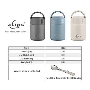 ZLINS Insulated Food Jar 13 oz, Foldable Spoon, Reusable Stainless Steel Lunch Thermos Container, Leak Proof Vacuum Lunch Storage for Soup Hot Cold, Portable Smoothie Bowl with Handle Lid (Blue)