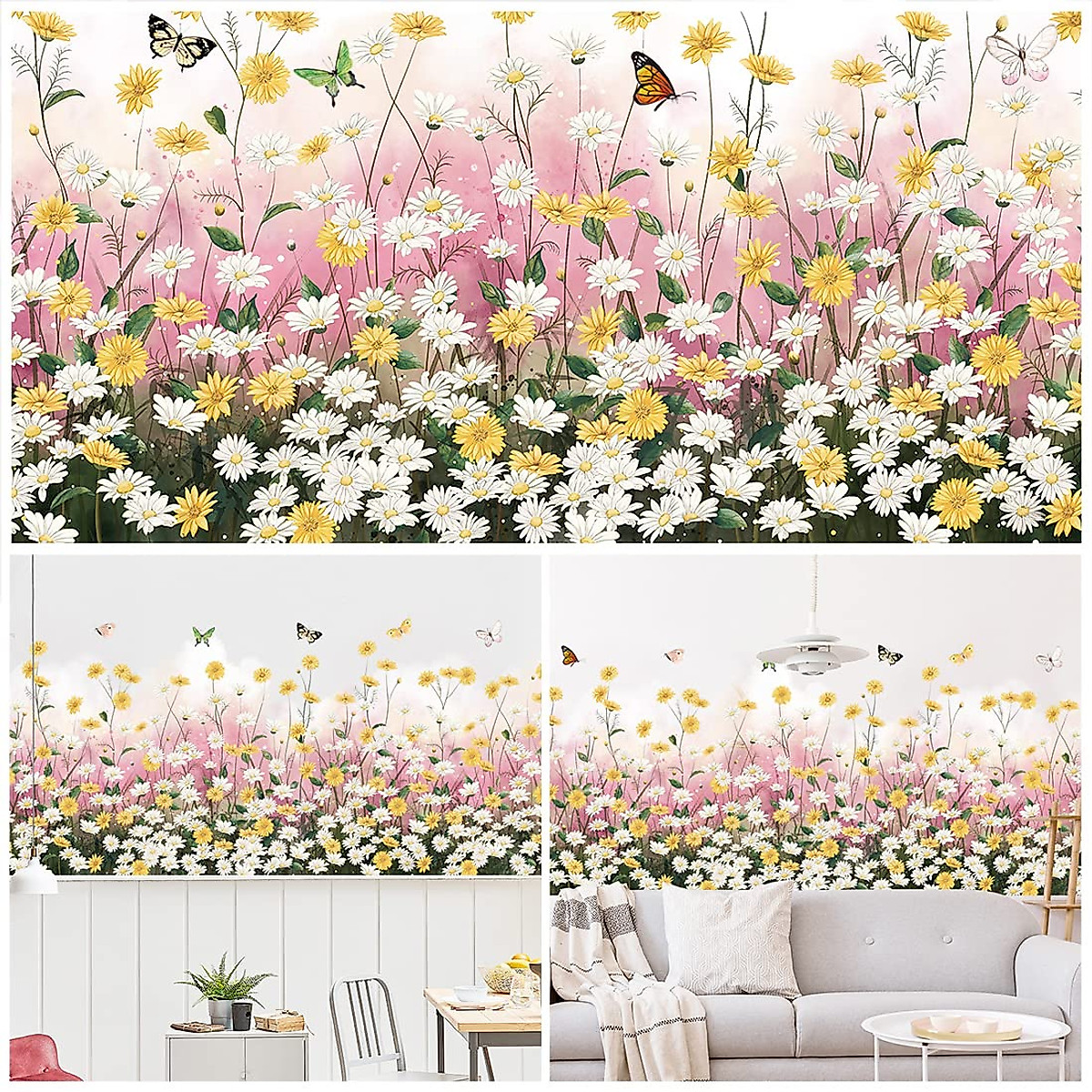 2 Sheets Yellow Daisies Flowers Wall Decals Small Fresh White Chrysanthemum Wall Stickers Pink Gypsophila Wall Art Murals for Baby Kids Girls Bedroom Living Room Corners Skirting Lines Waist Lines