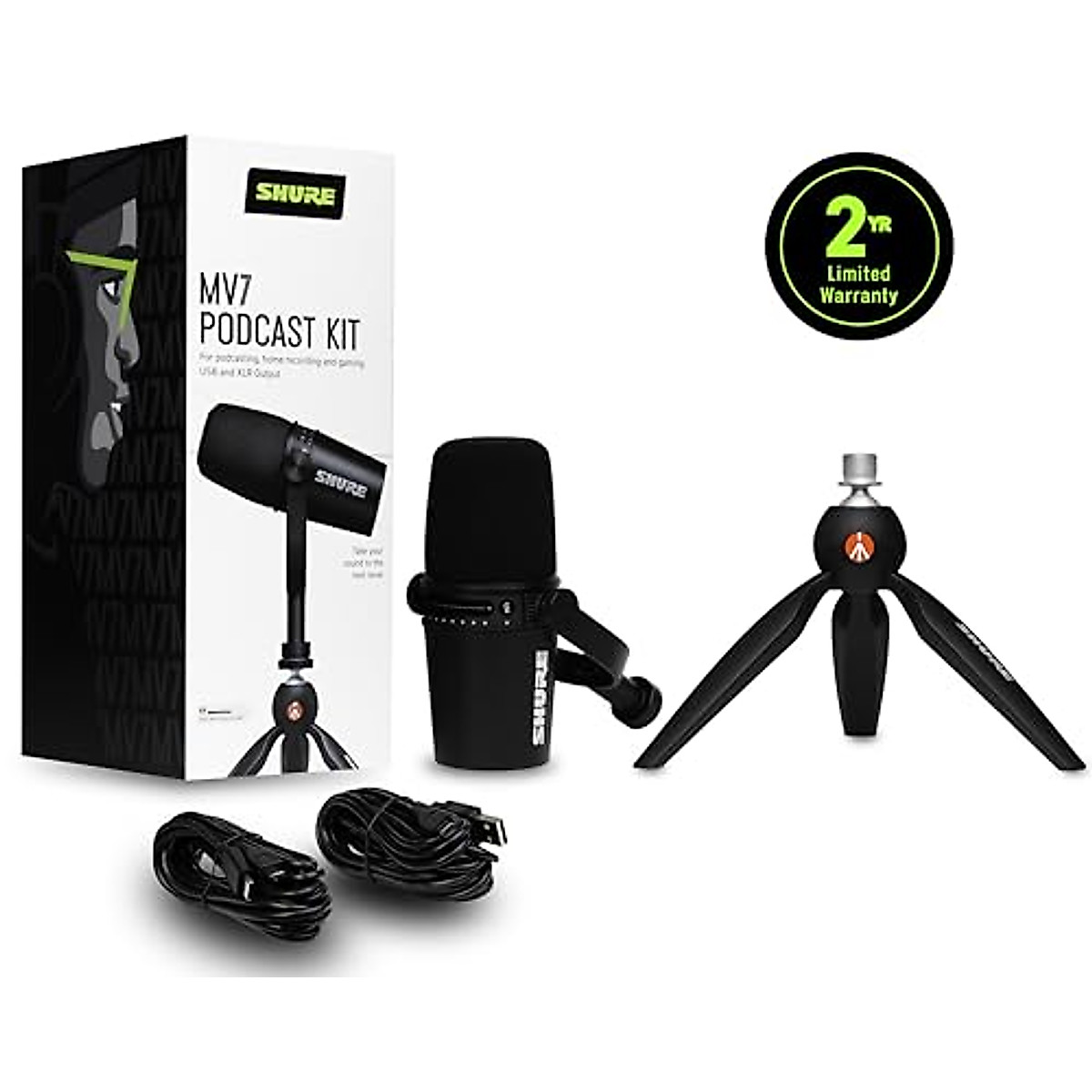 Shure MV7 USB Microphone with Tripod, for Podcasting, Recording, Streaming & Gaming, Built-in Headphone Output, All Metal USB/XLR Dynamic Mic, Voice-Isolating Technology, TeamSpeak Certified - Black