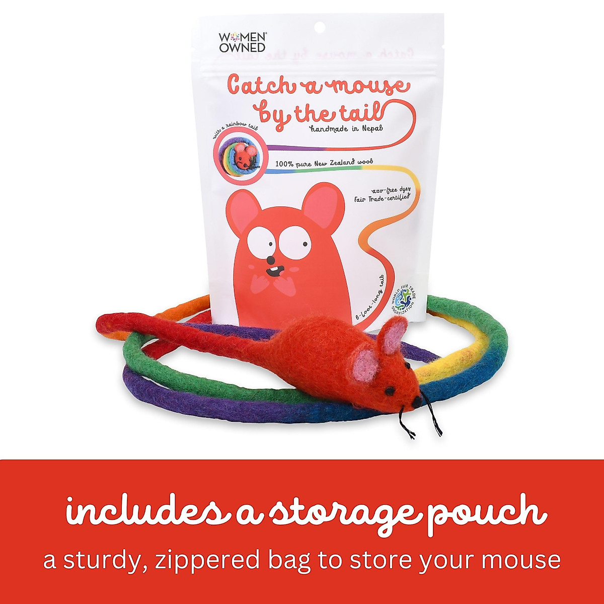 Catch a Mouse by The Tail Wool Cat Mouse Toy with a 6-Ft Tail for Indoor Cats Kittens. Cute Toy Mouse, Mouse Cat Toy, Rat Plush Toy, Fake Mice. No Catnip. Pride (Rainbow)