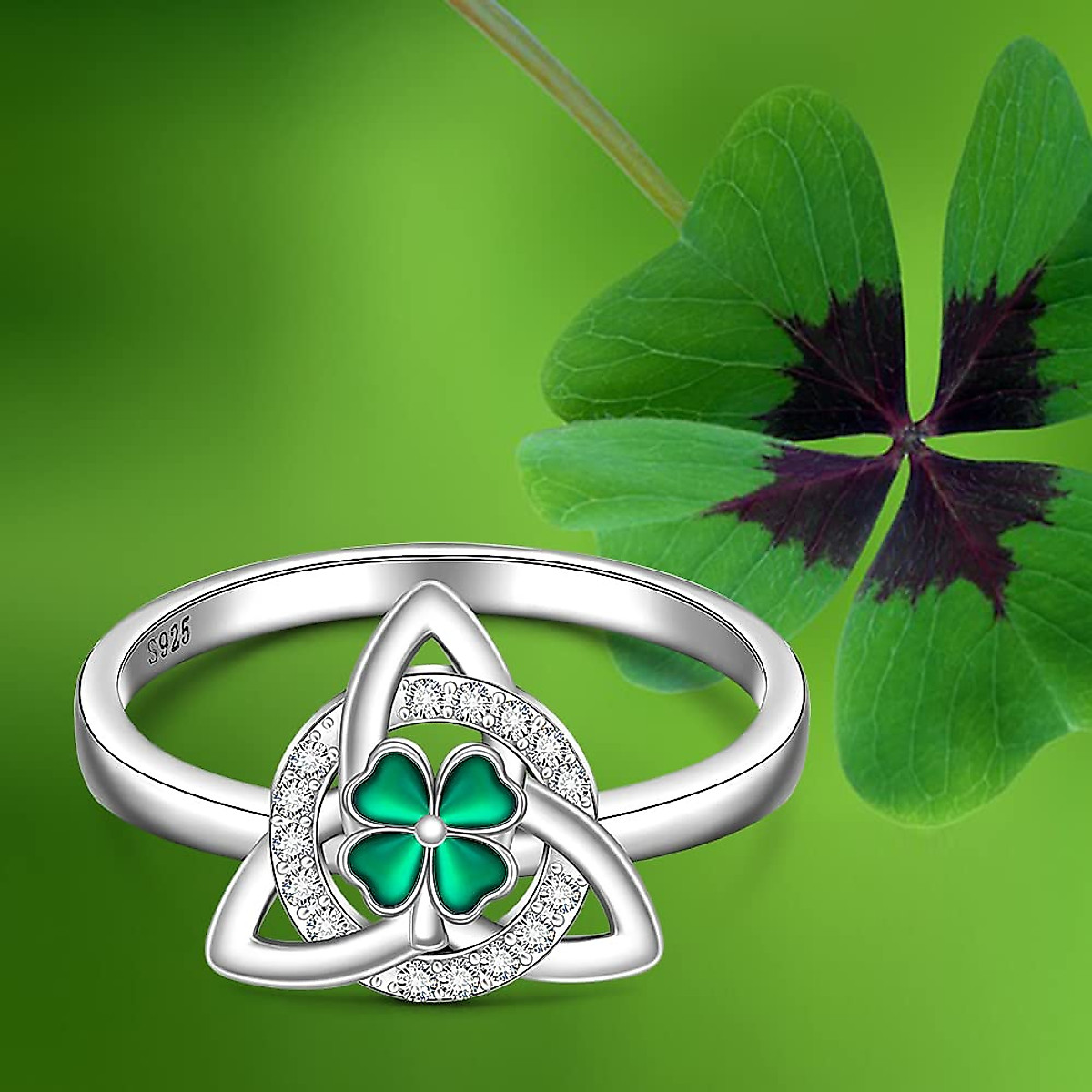 St Patricks Day Shamrock Ring Clover Ring for Women Sterling Silver Clover Rings Green Irish Lucky Friendship Leaf Celtic Knot Cubic Zirconia Triangle Jewelry Size 8