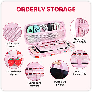 FANPL Cute Carrying Case for Nintendo Switch OLED 2021, Pink Protective Cover Accessories Bundle with Travel Case, PC Shell, Adjustable Shoulder Strap, Thumb Grips, Screen Protector (Pink Strawberry)