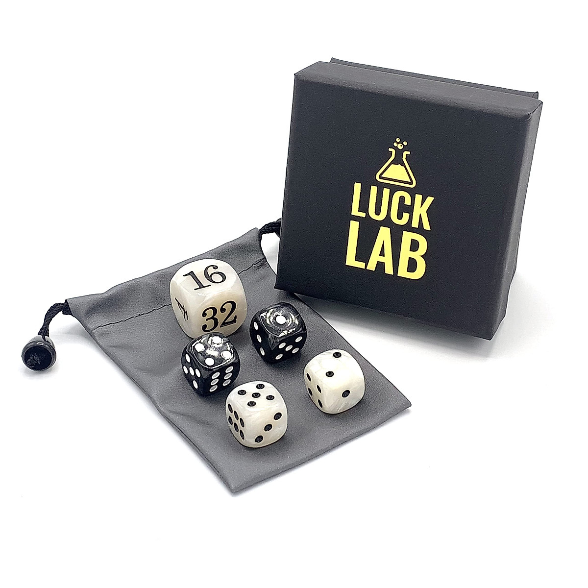 Luck Lab Backgammon Pearl Dice Set - 22 mm Doubling Cube and Four 16 mm Dice with Bonus Storage Bag, Black/White Marbleized