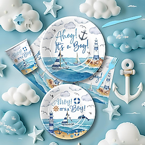 Suhelkit Ahoy Its A Boy Baby Shower Decorations Tableware - Nautical Baby Boy Decorations, Plate, Cup, Napkin, Disposable Cutlery, Anchor Nautical Party Supplies For Sailor Boat Baby Shower | 24 Guest