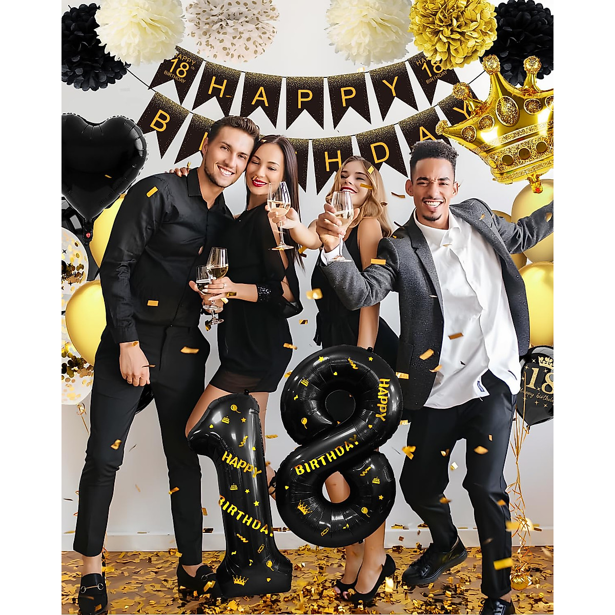 18th Birthday Decorations Black Gold, 18th birthday party decorations Boy Gril with 18th Birthday Balloons, Happy 18th Birthday Decorations, Foil Curtain for 18 Year Old Birthday Decorations Her Him