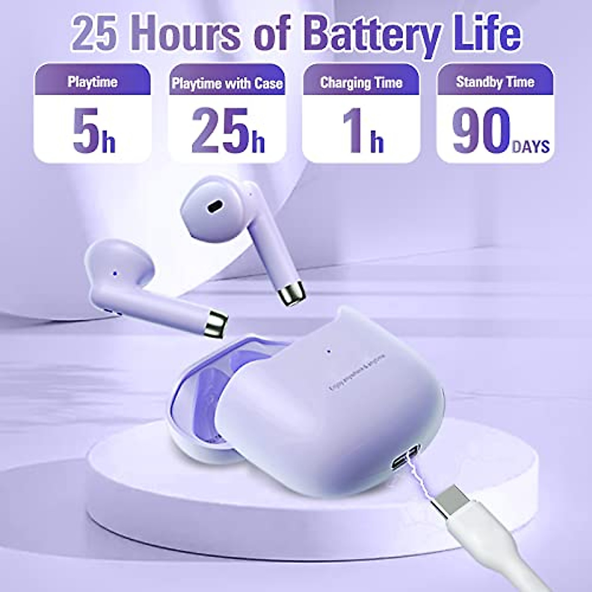 True Wireless Earbuds Purple Bluetooth 5.3 with Microphone for Working Out Noise Canceling Blue Tooth Ear Buds Deep Bass TWS Wireless Earphones with Charging Case in Ear Headphone for iPhone Android