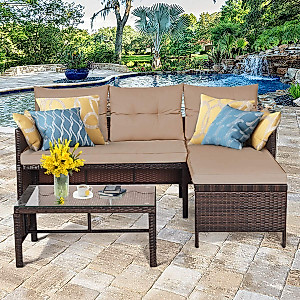 RELAX4LIFE 3-Piece Patio Furniture Set, Outdoor Wicker Sectional Sofa Set w/Washable Cushion, Tempered Glass Coffee Table, Rattan Conversation Set Outdoor Couch for Garden Backyard Deck (Brown)