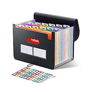 ThinkTex Expanding File Folder 12 Pockets Accordian File Organizer/Portable Expandable Plastic Filing Box, Accordion Bill/Paper/Document/Receipt Organizer Folders with Colored Tabs(A4/Letter Size)
