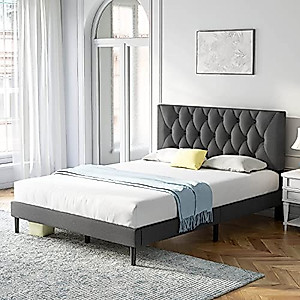 Molblly Queen Size Platform Bed Frame with Adjustable Headboard, Linen Fabric Wrap, Strong Frame and Wooden Slats Support, No Box Spring Needed, Non-Slip and Noise-Free, Easy Assembly, Dark Grey