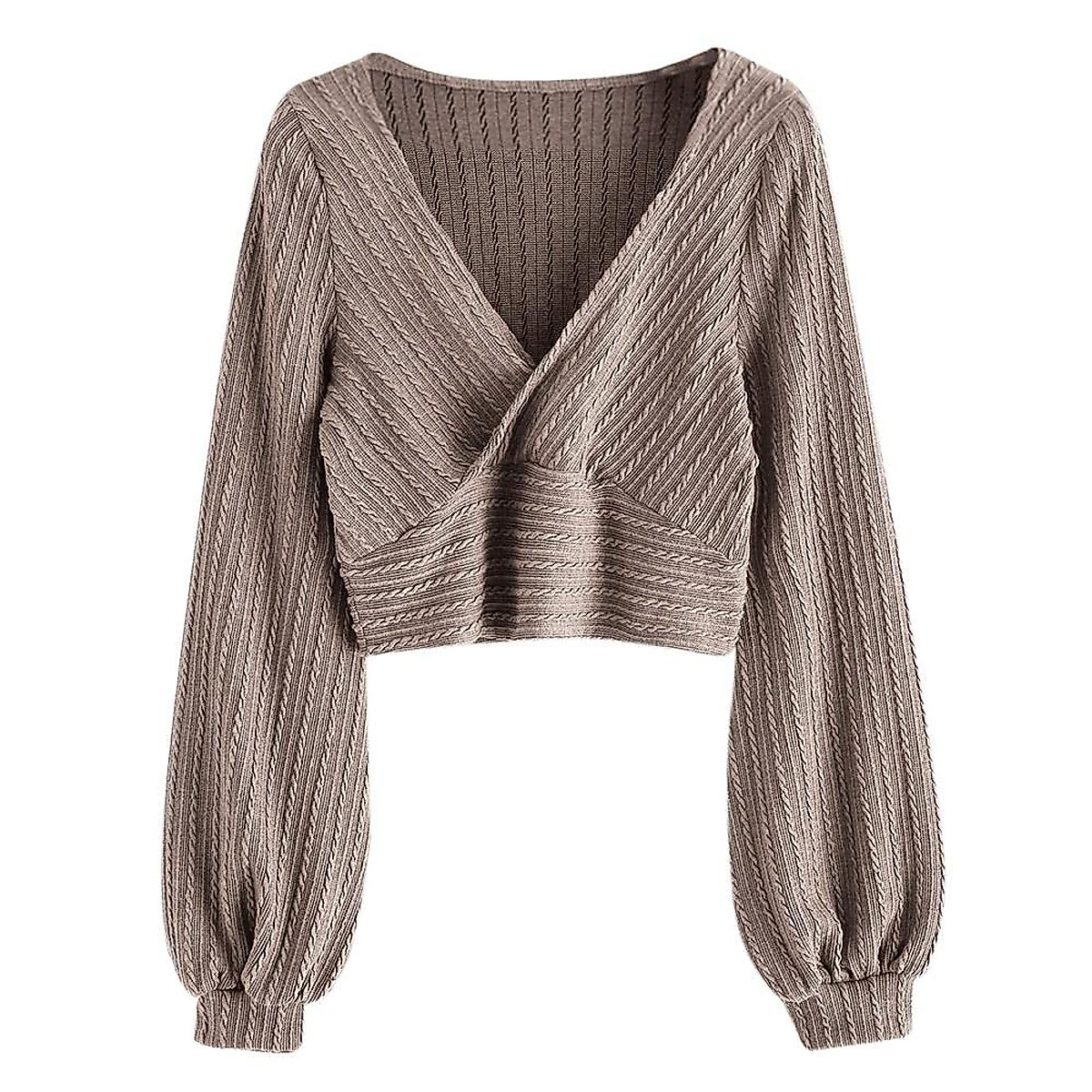 ZAFUL Women's Pullover Ribbed Batwing Lantern Sleeve Knitwear Knitted Crop Top Solid Round Neck Long Sleeve T-Shirt