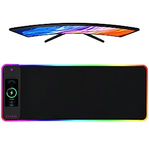 CLAVIO 15W Wireless Charging RGB Gaming Mouse Pad, LED Mouse Pad 31.5 x 12 inch Extra Large Mousepad Non-Slip Rubber Base, 10 Light Modes RGB Desk Mat for Gaming, MacBook, PC, Laptop, Desk