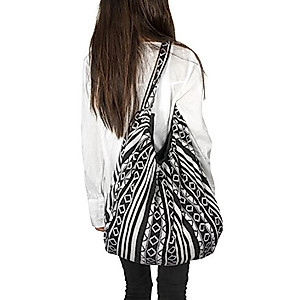 Tribe Azure Jacquard Cotton Shoulder Banana Style Fashion Travel Canvas Tote Bag Hobo Style Casual Market Purse Handbag (Black White)