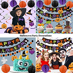 meowtastic Happy Halloween Banner Decorations - Halloween Banner with Honeycomb Ball, Halloween Hanging Swirl Streamer, Circle Dot Garland Decorations for Halloween theme Party Decorations