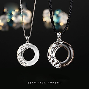 poceton Matching Necklaces for Couples, 925 Sterling Silver Obsidian Pendant, Antique Dragon and Phoenix Pendant Lovers Jewelry Valentine's Day Couple Necklace Gifts for Him and her