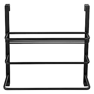 MyGift 3 Tier Black Metal Over The Door Towel Rack and Bathroom Accessories and Toiletries Storage Basket with 2 Hanger Hooks