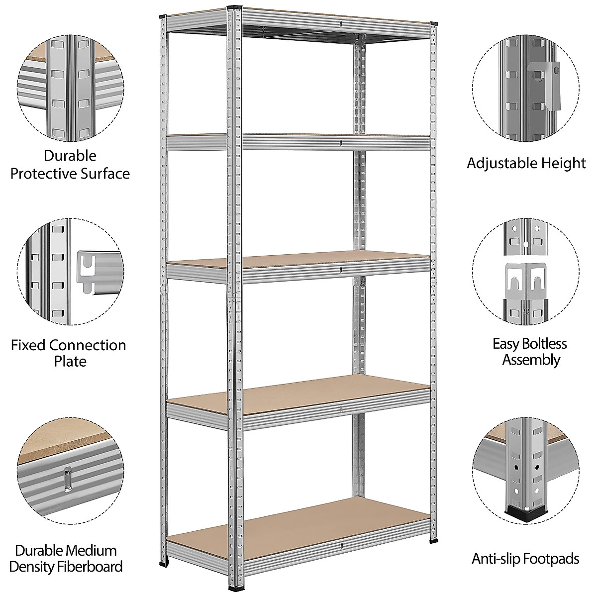 Topeakmart 5-Tier Utility Shelves, Metal Storage Shelves Unit Adjustable Garage Storage Racks Heavy Duty Shed Shelving- Silver, 35.5 x 16 x 71 Inch