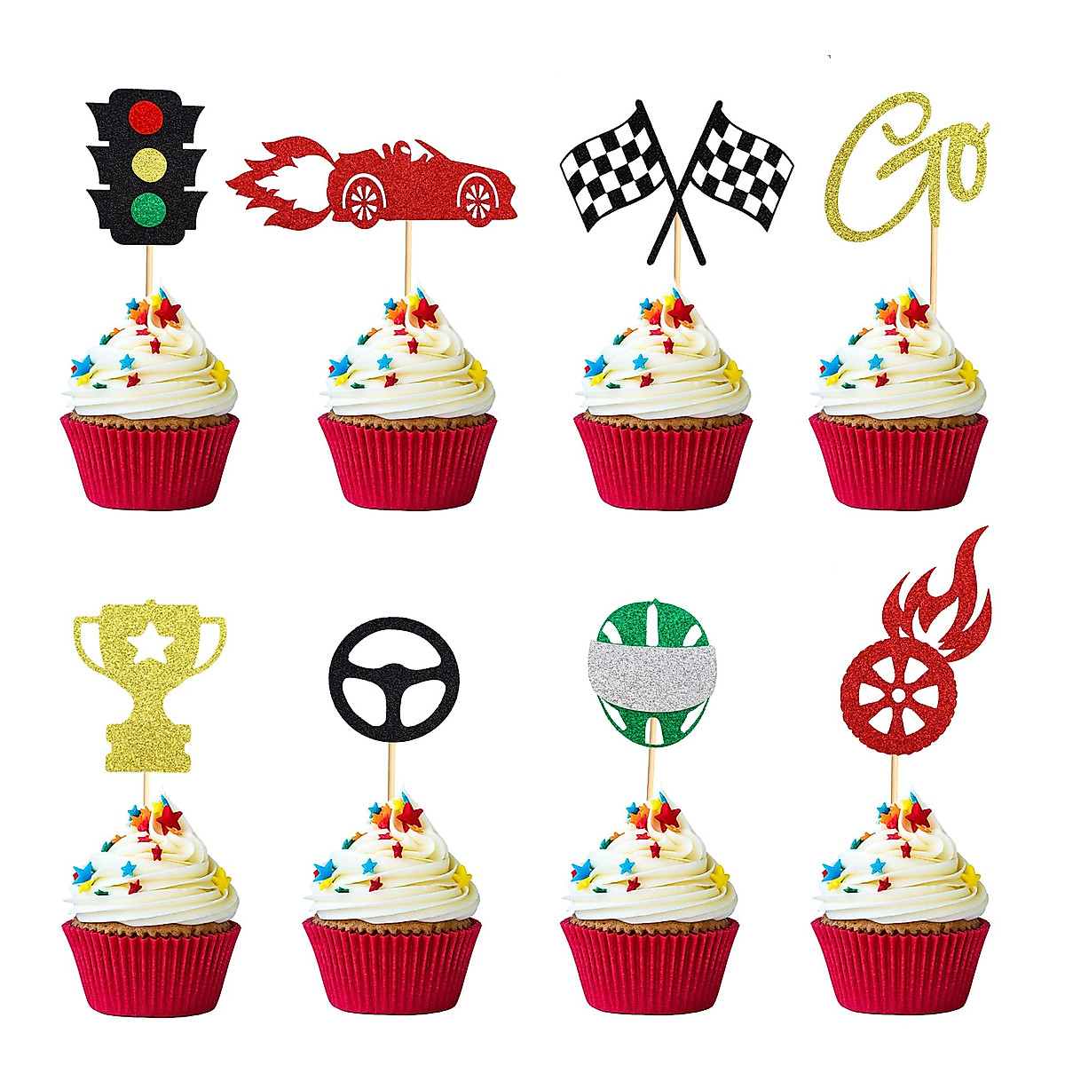 Arthsdite 24 PCS Race Car Cupcake Toppers Traffic Light Steering Wheel Trophy Flag Helmet Racing Car Cupcake Picks for Let's Go Racing Sports Theme Baby Shower Boys Birthday Party Cake Decorations
