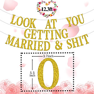 Look at You Getting Married Banner, Backdrop for Wedding Engagement Bridal Shower Party Decorations Supplies, Gold Glitter