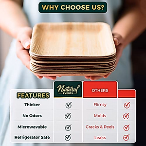 Natural Events 6" Premium Palm Leaf Plates - Disposable Party Set for Charcuterie Appetizers & Desserts, Heavy Duty Bamboo Wood, 100% Compostable, Biodegradable & Eco-Friendly (6 Inch Square, 50 Pack)