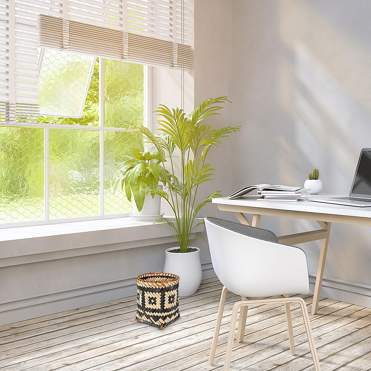 DEARMAMY Bamboo Woven Trash Can, Rattan Garbage Bin Wicker Laundry Basket Round Waste Basket Rubbish Storage Container Waste Paper Bin Plant Flower Pot for Under Desk Office