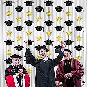 Glitter Graduation Cap Garland, 10 Feet - 8 String, No DIY | Black and Gold Graduation Party Decorations 2023 | Black Graduation Cap Decorations for Class of 2023 Decorations | 2023 Graduation Garland