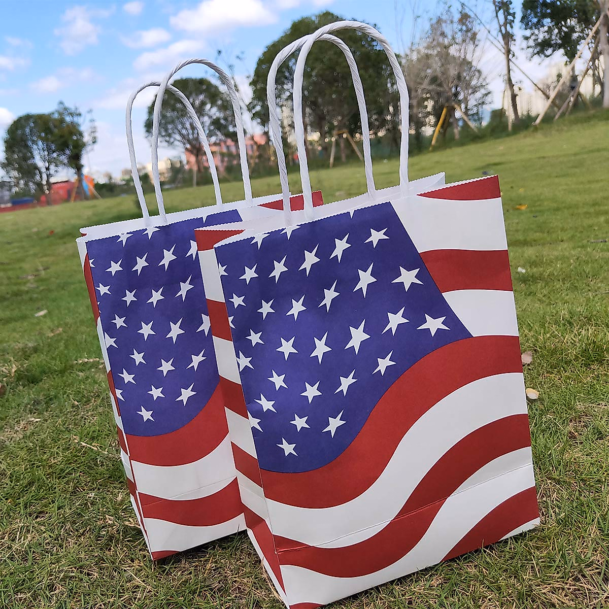 Joffreg Patriotic Gift Bag with Handles,American Flag Party Favor Bags,Decorative for Veterans Day,Memorial Day and Fourth of July,Red Blue and White,6.30 x 3.15 x 8.27 inches,10 Pcs