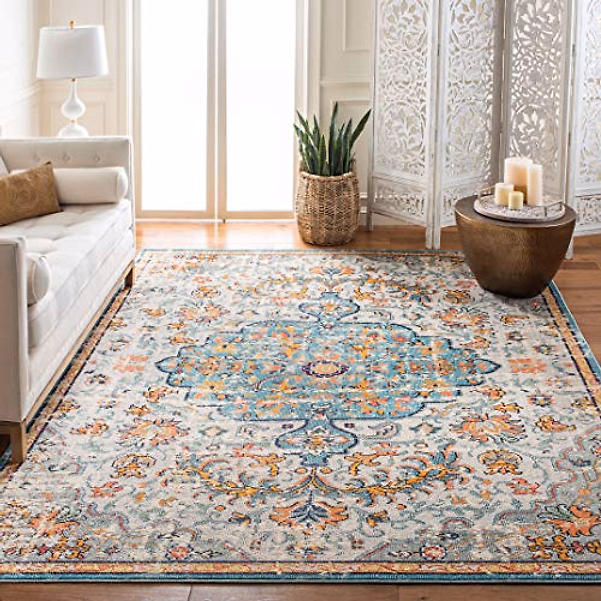 SAFAVIEH Madison Collection 5'3" x 7'6" Grey/Light Blue MAD447F Boho Chic Medallion Distressed Non-Shedding Living Room Bedroom Dining Home Office Area Rug
