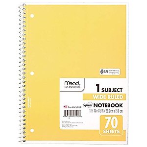 Mead Spiral Notebook, 1 Subject, Wide Ruled Paper, 70 Sheets, 10-1/2 x 8 inches, Yellow (05510AZ7)