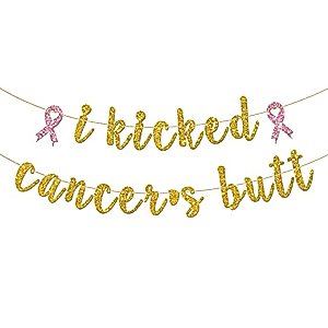 INNORU I Kicked Cancer's Butt Banner, Cancer Surviving Party Decorations, Pink Ribbon Hope, Cancer Theme Party Decoration Gold Glitter