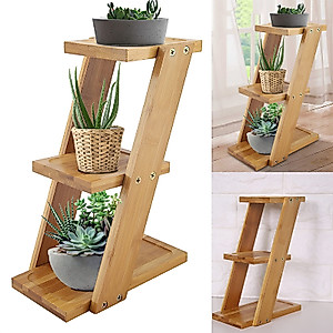 SOONHUA Mini Bamboo Plant Flower Stand,3 Tier Plant Display Ladder Shelf Flower Pot Storage Rack Display Shelving Unit Holder for Indoor and Outdoor Use Decor