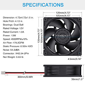 GDSTIME Dual Ball Bearing Big Air Flow High Speed Preesure 4500rpm 12038 12cm 120mm X 38mm 5 Inch 12v Dc Cooling Fan