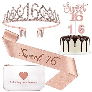 16th Birthday Decorations for Girls, Sweet 16 Birthday Sash, Tiara Crown, Canvas Makeup Bag, Cake Topper & Candles, 16th Birthday Gifts for Her Birthday Party