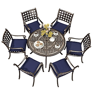 PURPLE LEAF Outdoor Dining Set Cast Aluminum 7-Piece Patio Furniture Set with 6 Dining Armchairs and 47" Round Table, 6 Cushions Included, for Lawn Yard Garden, Lattice Navy Blue Patio Dining Set