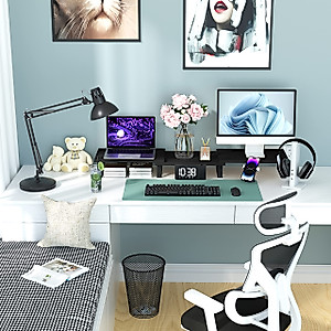 Aothia Desk Dual Monitor Stand Riser - Computer Stand For Desktop Monitor, Desk Shelf For Monitor, Wood Monitor Stand With Adjustable Length And Angle, Desktop Organizer, Large Monitor Stand (Black)