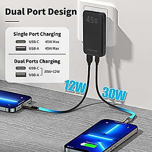 Flat USB Wall Charger, 45W USB c GaN Charger, Super Fast Charger, Folding Dual Port Wall Charger with PD 3.0 & GaN for Laptops, Tablets, Phones