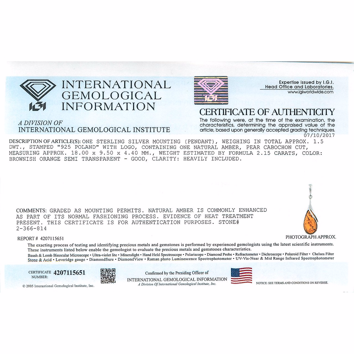 Ian and Valeri Co. Dark Amber Sterling Silver Drop Pendant Necklace 18 inches