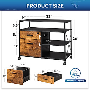 DEVAISE 2 Drawer Lateral File Cabinet with Lock, Mobile Printer Stand with Open Storage Shelf, Wood Filing Cabinet fits A4 Letter Size for Home Office, Rustic Brown