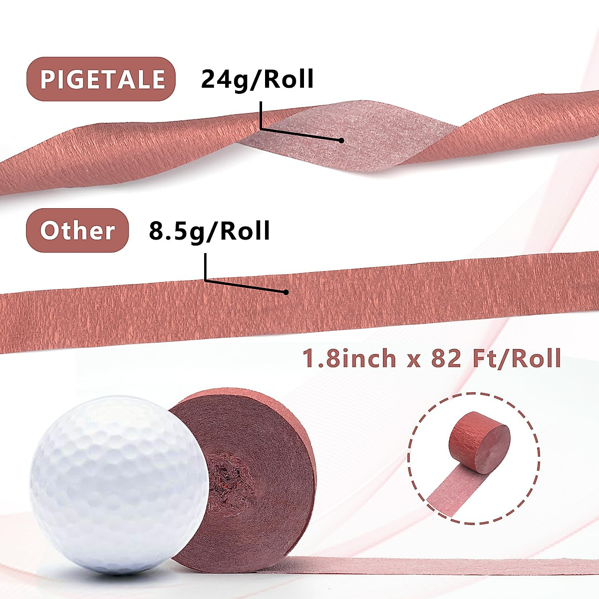 PIGETALE Crepe Paper Streamers 4 Rolls 328ft, Pack of Metallic Rose Gold, Pink, Dusty Pink Party Streamers for Birthday Wedding Bachelorette Baby Bridal Shower Party Decorations (1.8Inch x 82Ft/Roll)