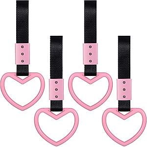 4 Pieces Rings Heart Shaped Car Handle Straps Bumper Warning Ring Decor Subway Bus Heart Handle for Car Interior (Pink)