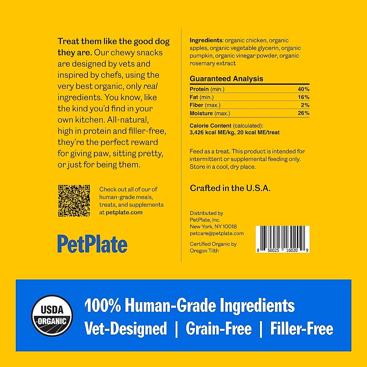 PetPlate Chicken Apple Sausage Bites, Human Grade Dog Treats, All Life Stages, Grain-Free, Organic and Real Ingredients, High Protein, Healthy Snacks (Pack of 1, 4.5 Ounce)