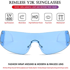 AIEYEZO Rimless Y2K Sunglasses Women Men Oversized Fashion Wrap Around Frameless Sun Glasses (Blue)