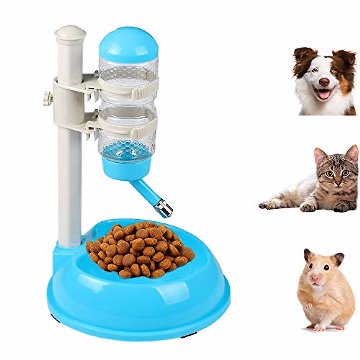 Pawow Pet Dog Cat Automatic Water Food Feeder Bowl Bottle Standing Dispenser with Detachable Pole Height Adjustable Automatically Drinking Water Bottle 500ML (Blue)